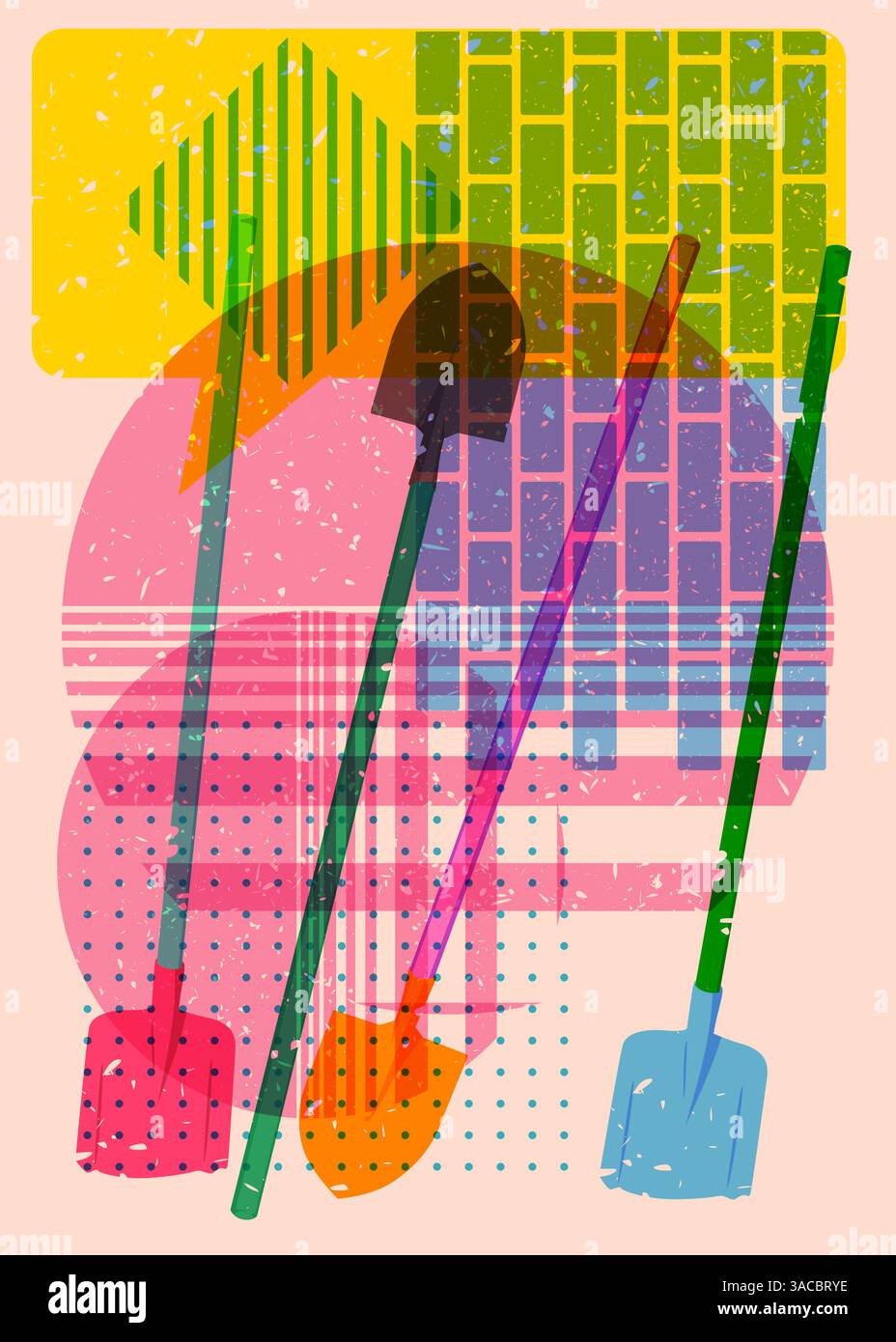 Risograph Spade, Shovel with speech bubble with geometric shapes ...