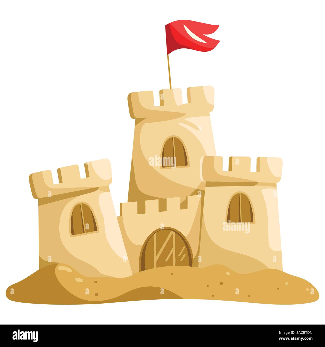 Sandcastle with a small flag on top, featuring towers and arches. A fun ...