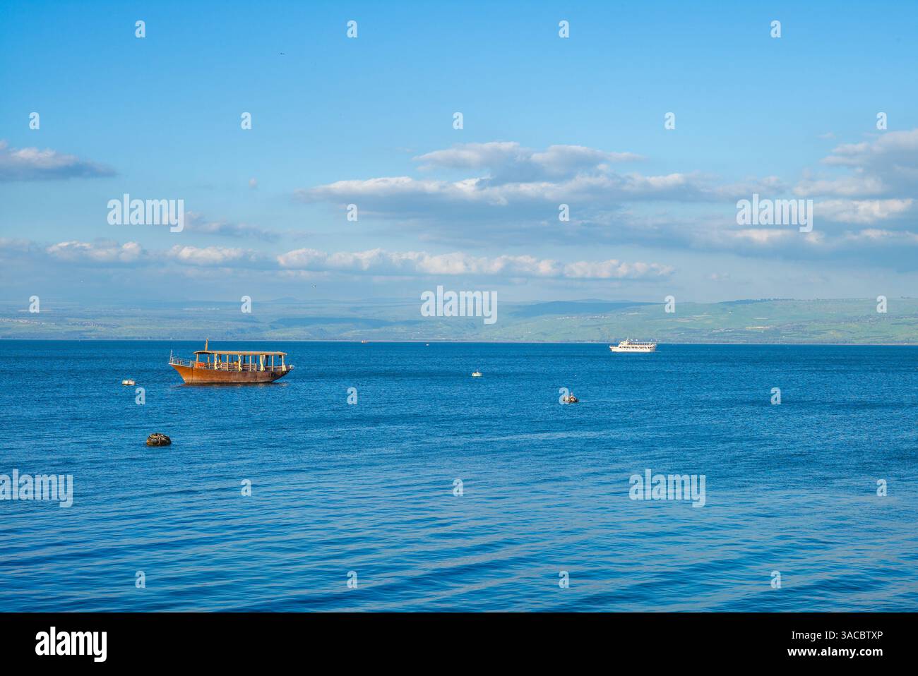 Boat on the sea of Galilee, Lake Tiberias, Kinneret, in Israel Stock ...
