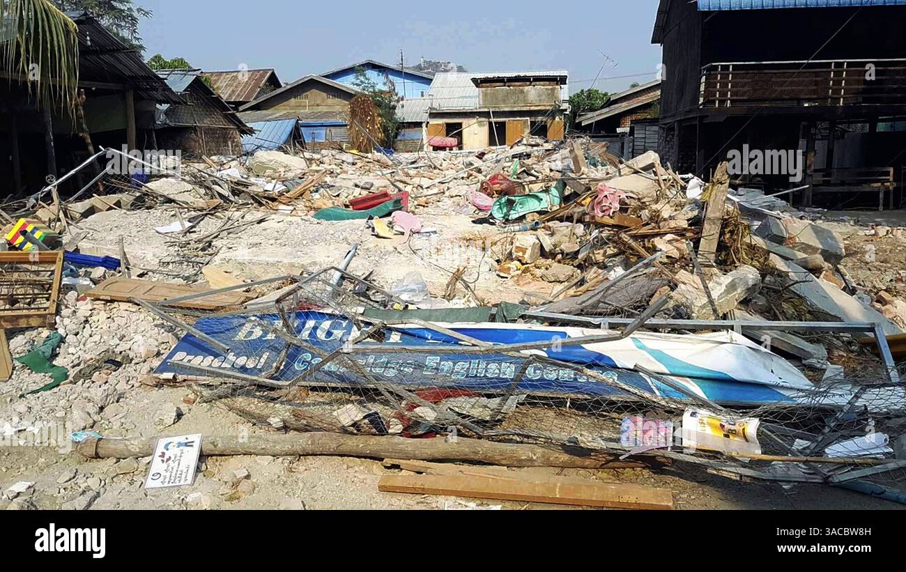 A photo shows buildings collapsed due to an earthquake in Kyaukse, near ...
