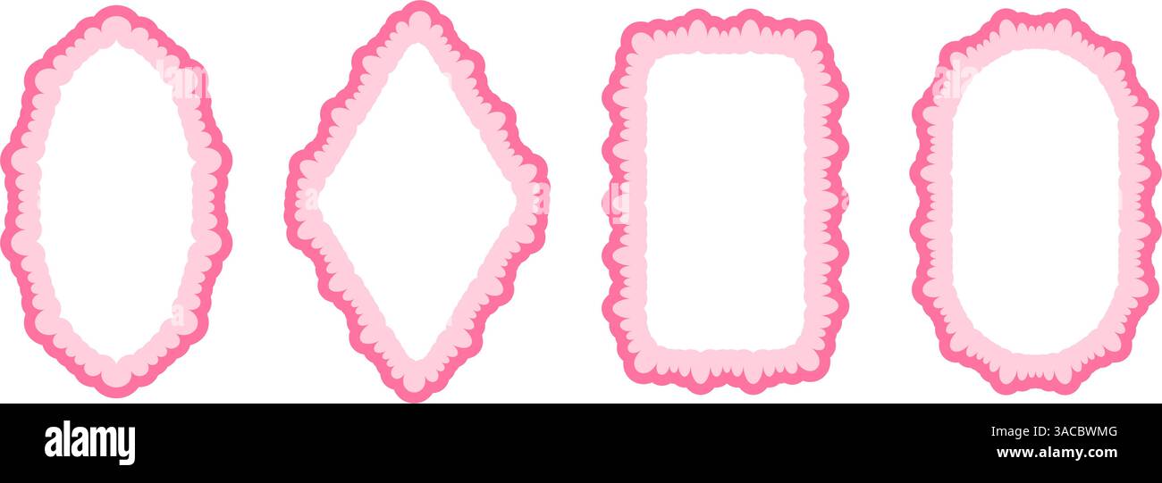 Cute frill pattern frame set. Pink scalloped ellipse and rectangle border collection. Wavy lace ...