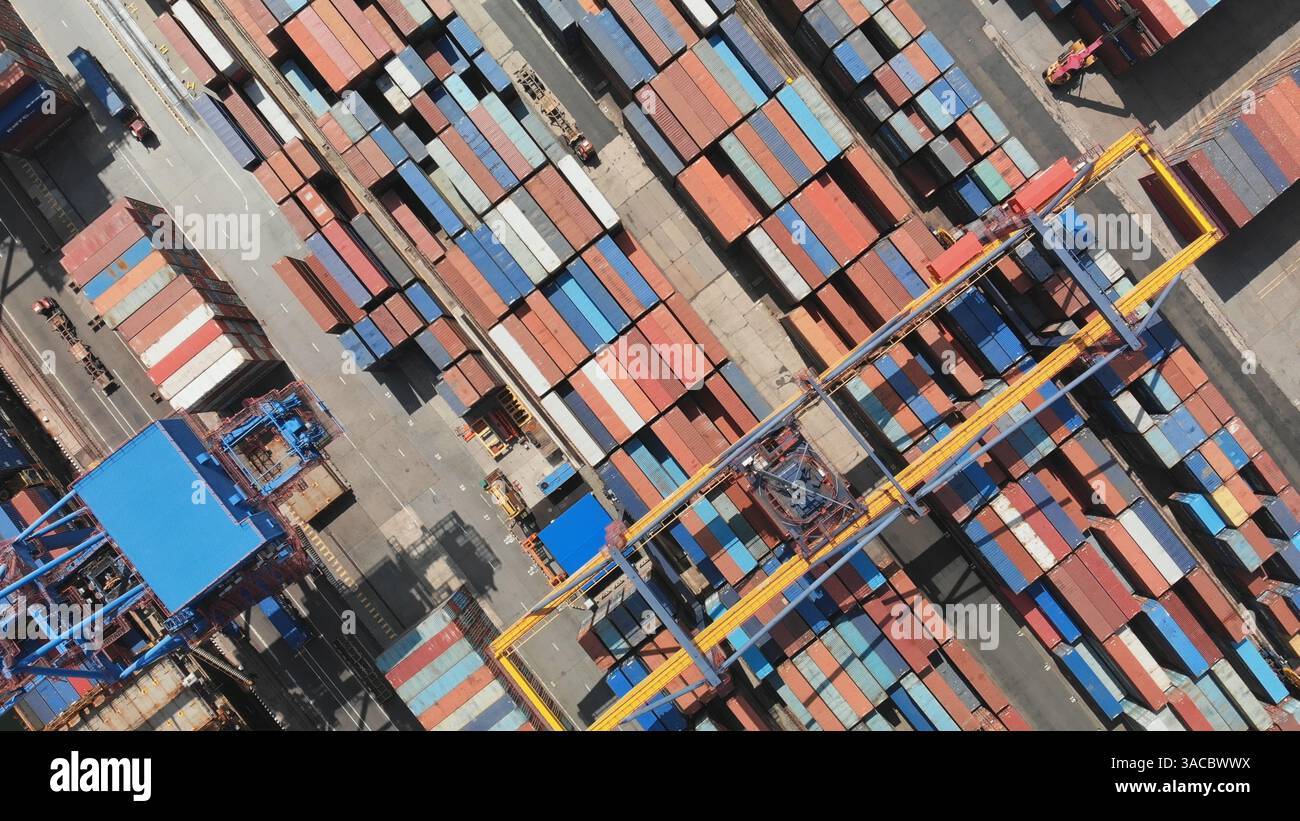 Aerial view of a container terminal with colorful shipping containers ...