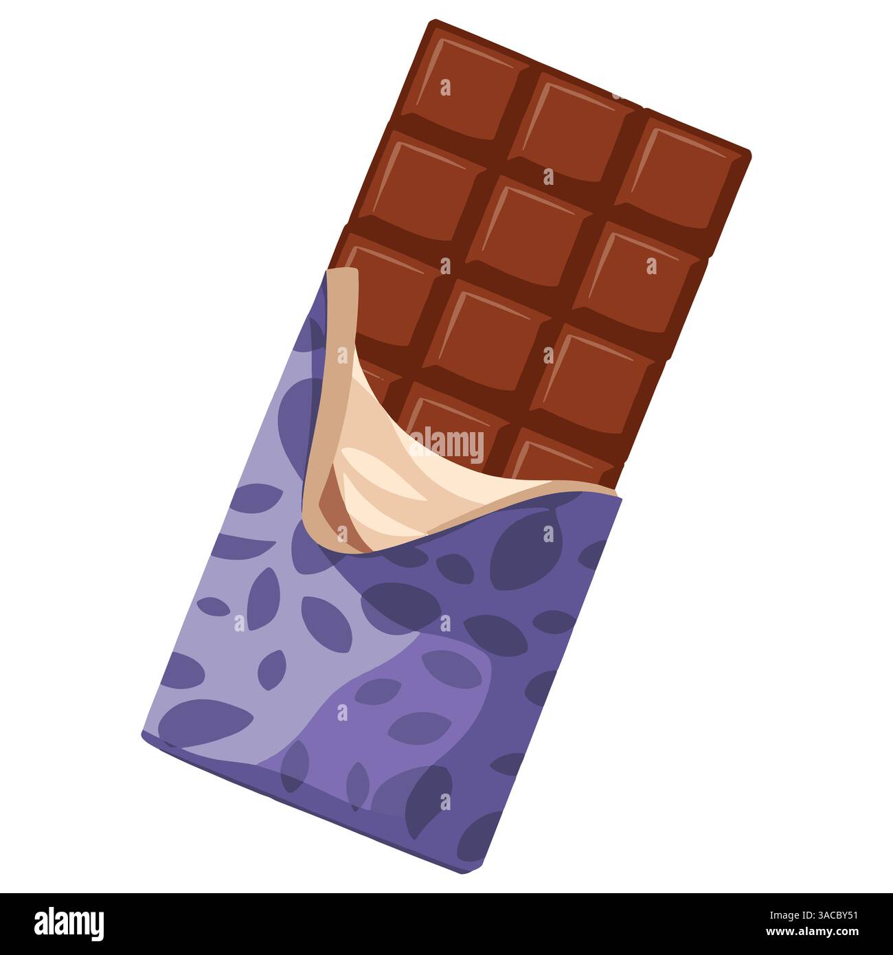 Chocolate bar in opened violet wrapper with foil, isolated on a white ...