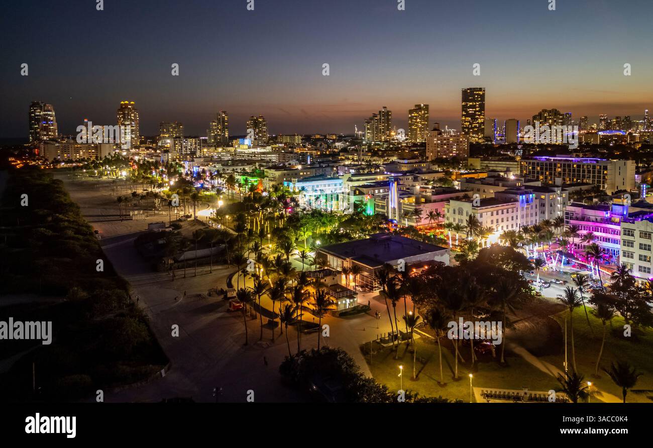 Miami Beach sunset aerial view. Downtown Miami skyline at dusk. South ...