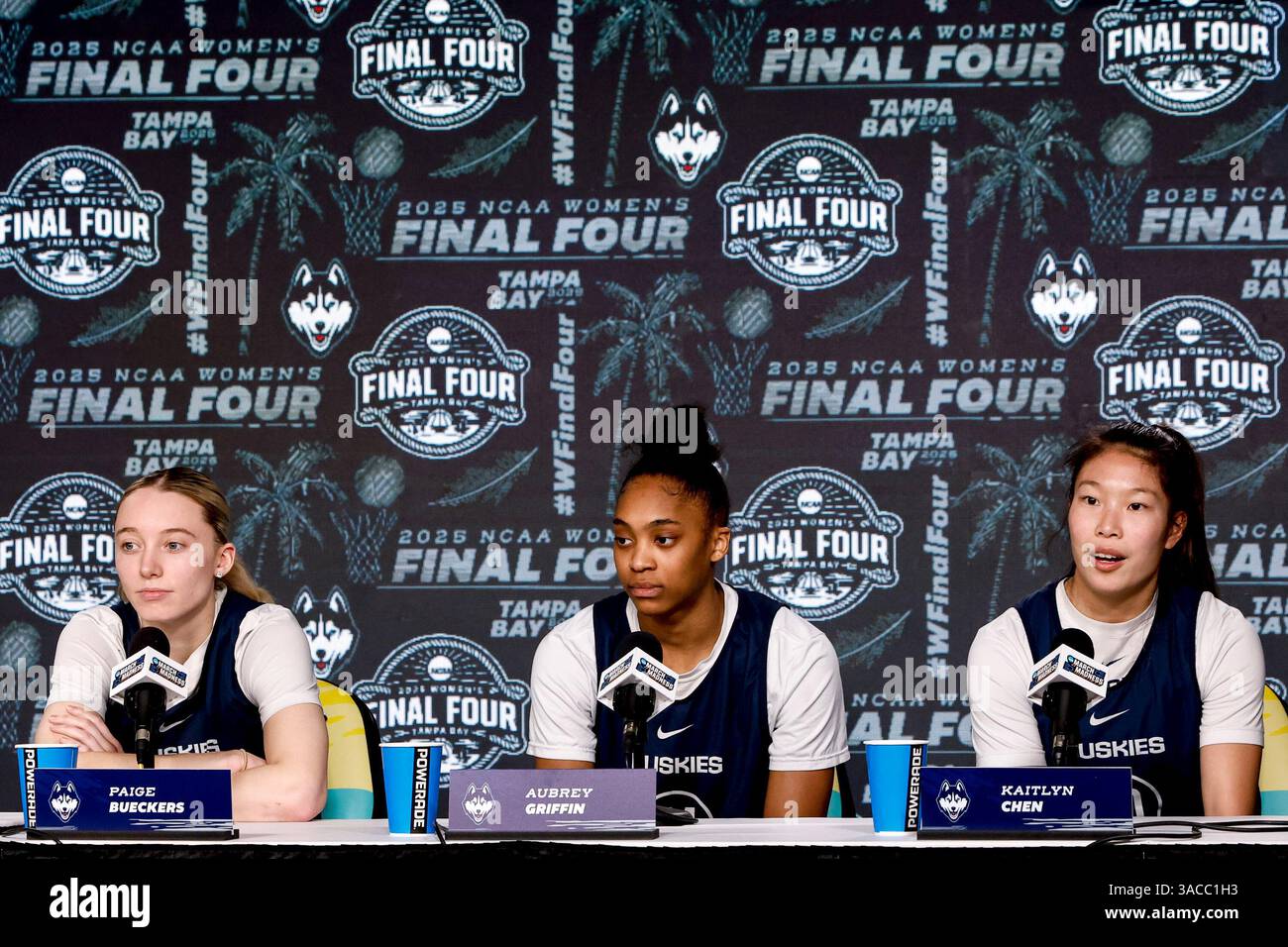 TAMPA, FL - APRIL 3: Paige Bueckers #5, Aubrey Griffin #44 and Kaitlyn Chen #20 of the Uconn ...