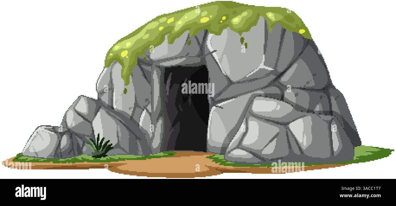 Vector illustration of a cave entrance with moss-covered rocks ...