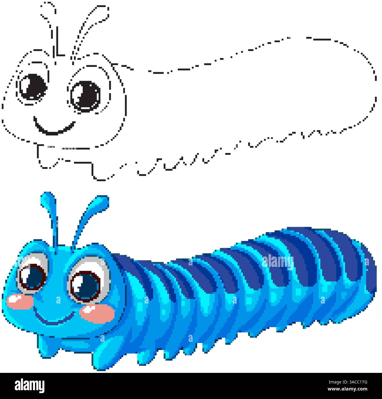 Smiling blue caterpillar cartoon character with outline version ...