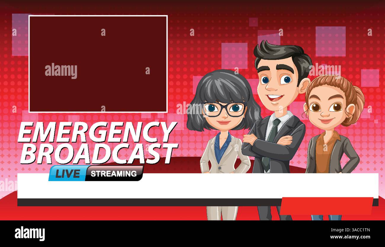 Vector illustration of news anchors on a red background. Includes text ...