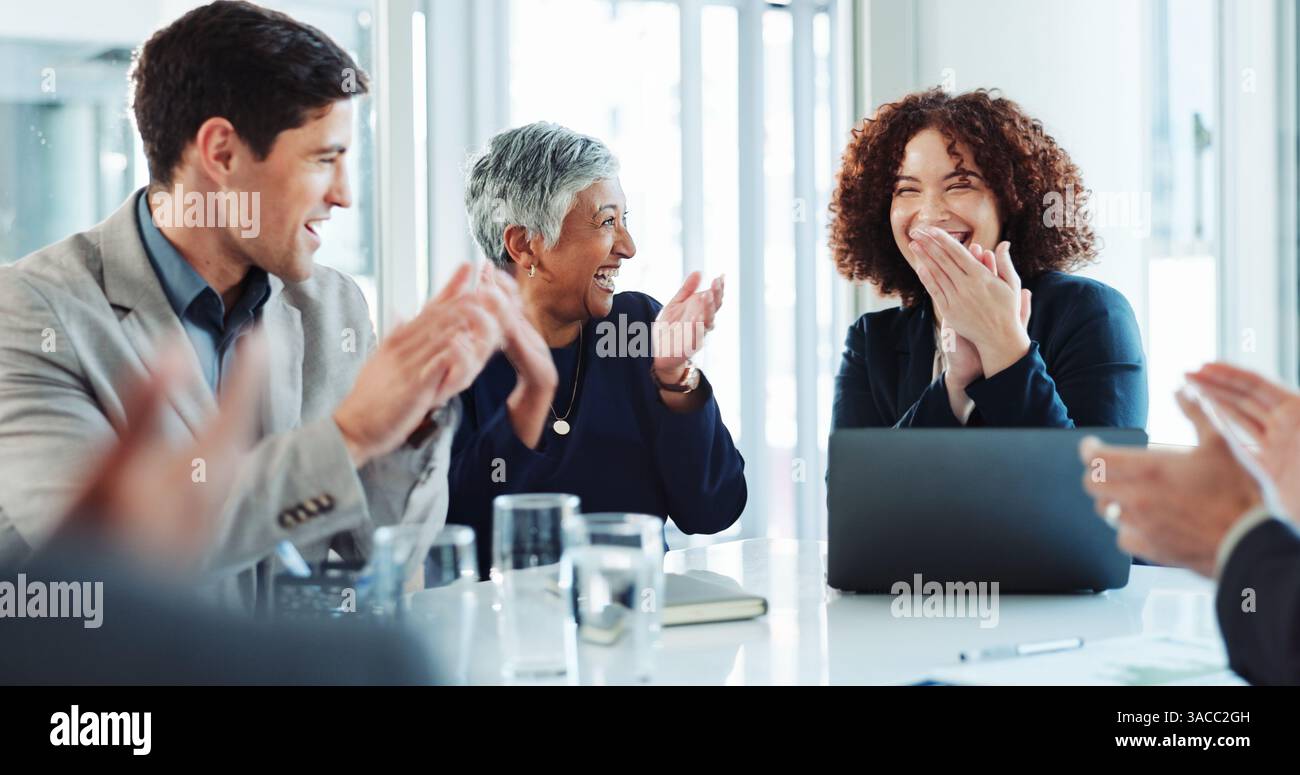 Excited, business people and meeting with applause for congratulations ...