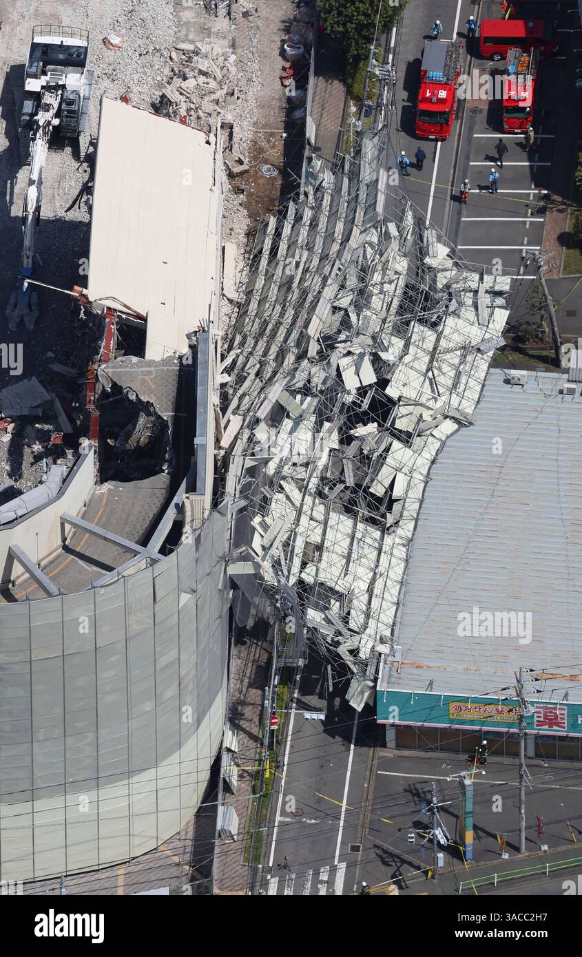 An aerial photo shows a demolition site where scaffolding collapsed in ...