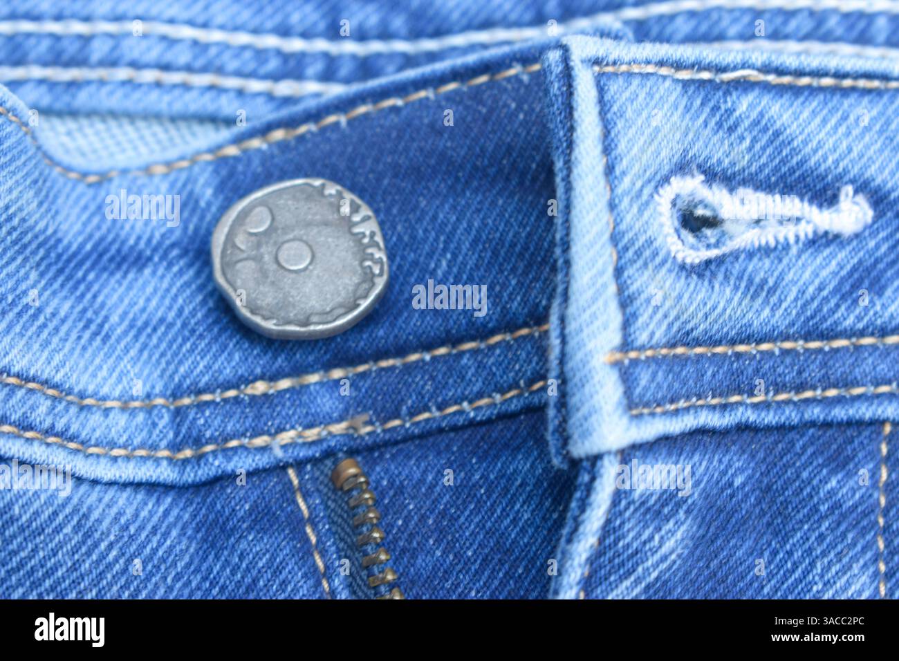 Close Up Of Blue Jean Steel Button And Zip Fabric Texture Background ...