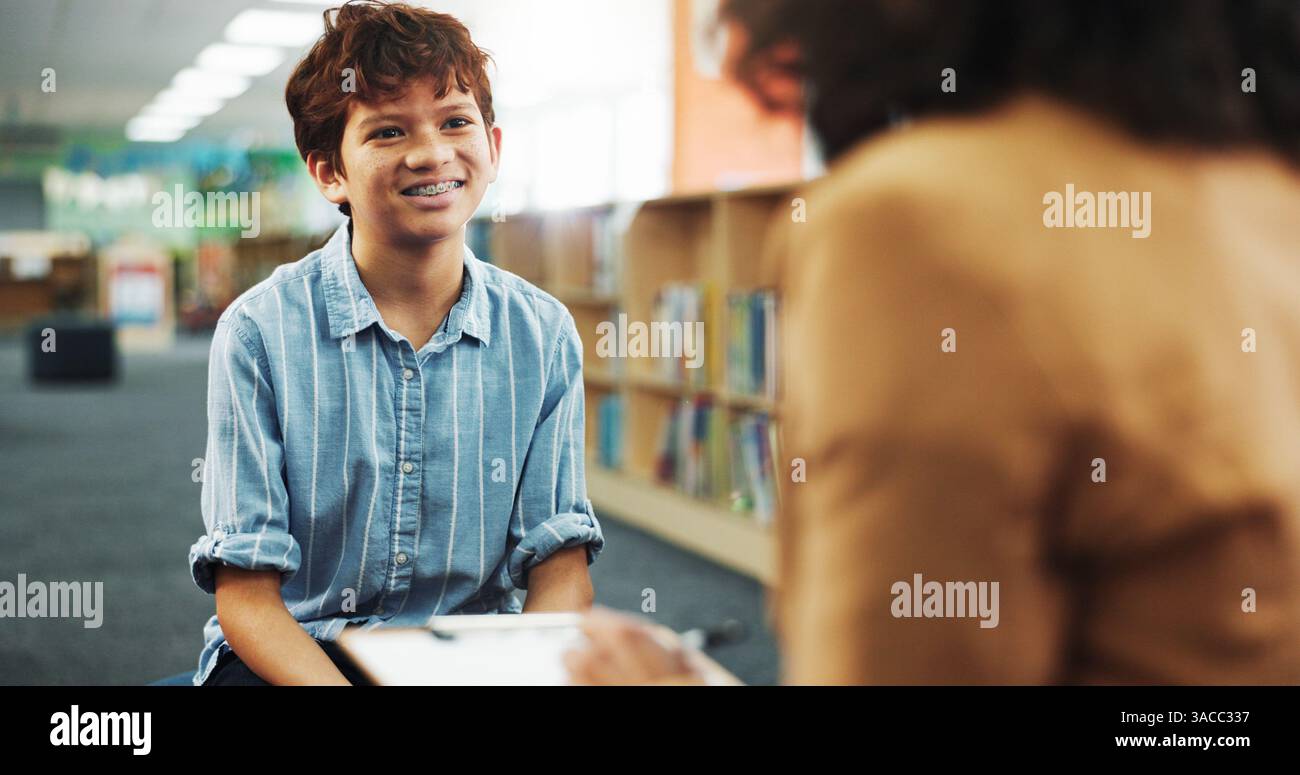Talking, library and kid with school counsellor for future, development ...