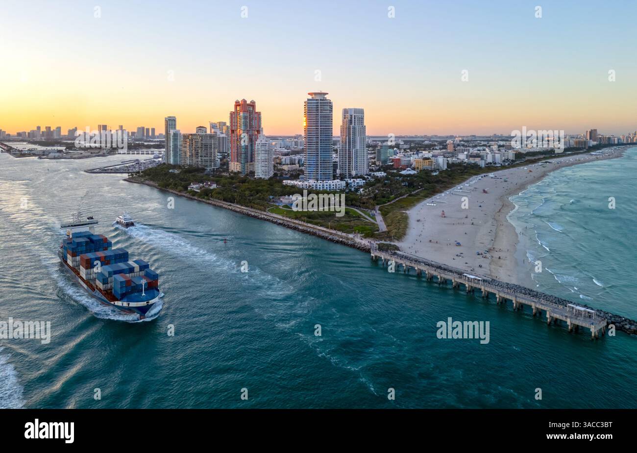 Container Ship in Miami City. Aerial View. Shipping Boat. Cargo ship at ...