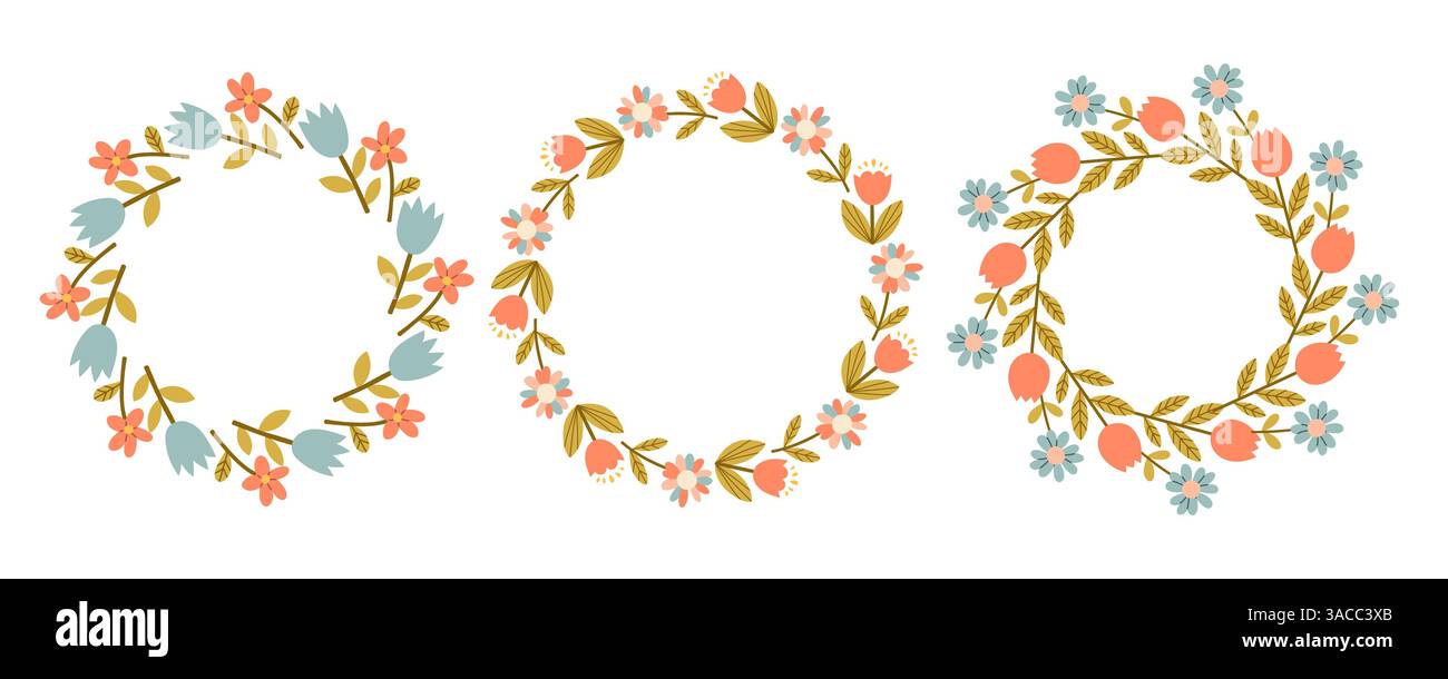 Spring flower circle frame set. Floral circle frame. Hand drawn ...