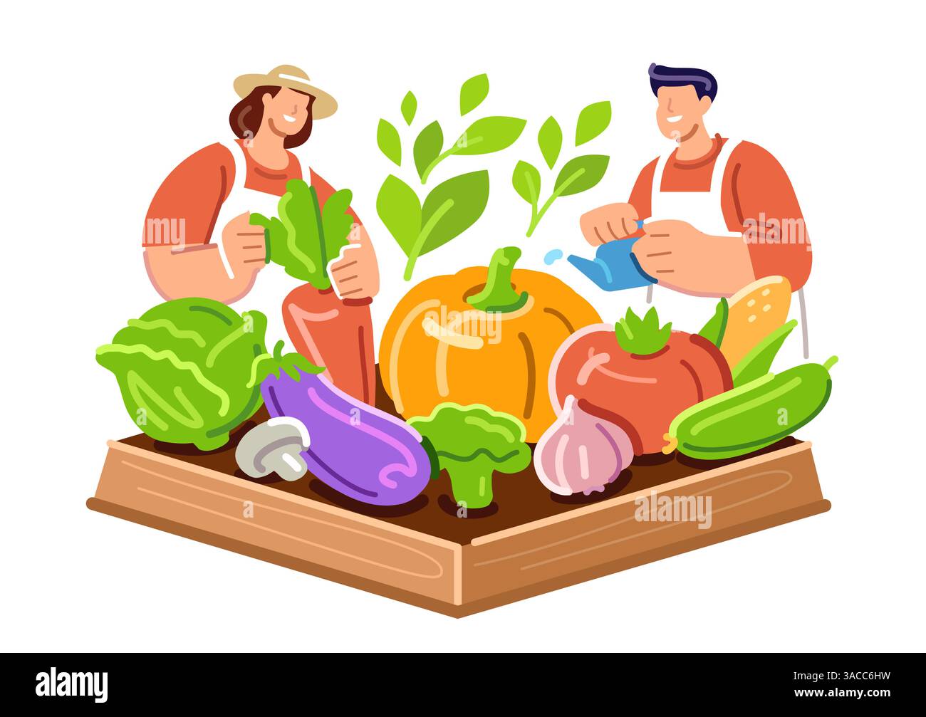 Farmers working in garden. Farm workers grow vegetables. Growing fresh ...