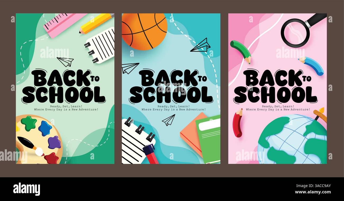 Back to school clipart poster set. School greeting text in green, blue ...
