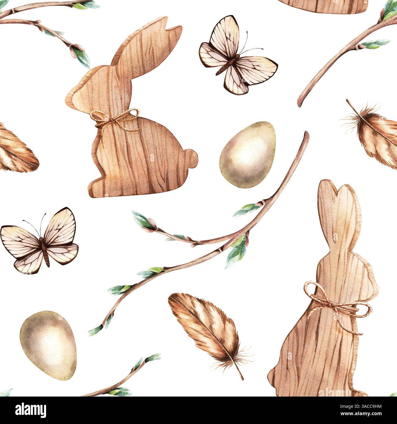 Seamless pattern with Easter symbols, wooden bunny, eggs, willow branches, butterflies and ...
