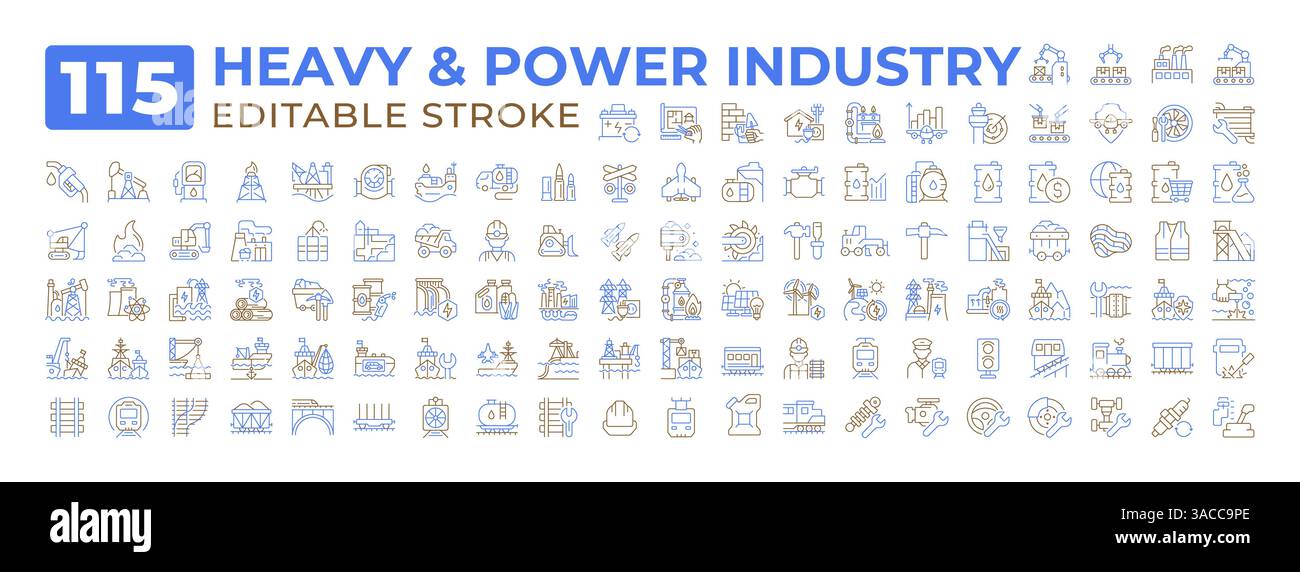 Heavy and power industry two color line icons set collection Stock ...