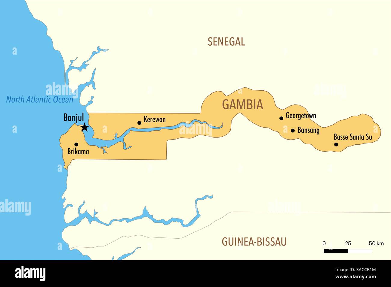Map of Gambia with Major Cities and Neighboring Countries Stock Photo ...
