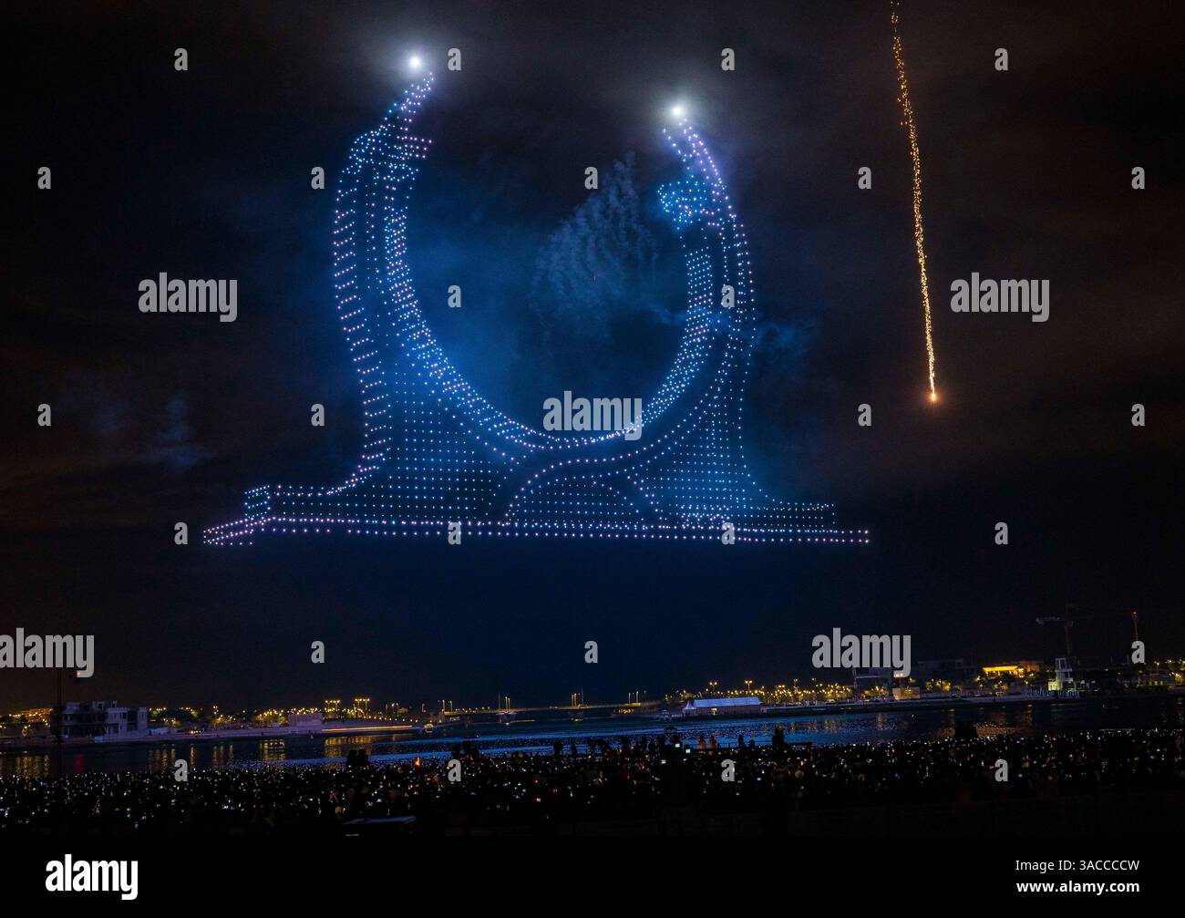 Lusail, Qatar. 3rd Apr, 2025. A drone light show is staged during the ...