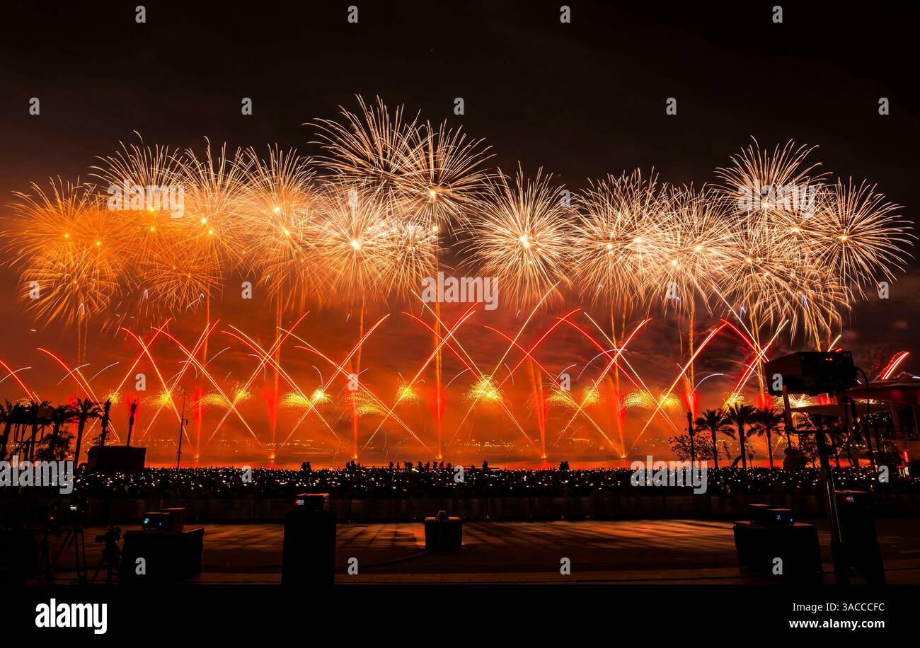 Lusail, Qatar. 3rd Apr, 2025. Fireworks light up the sky during the ...
