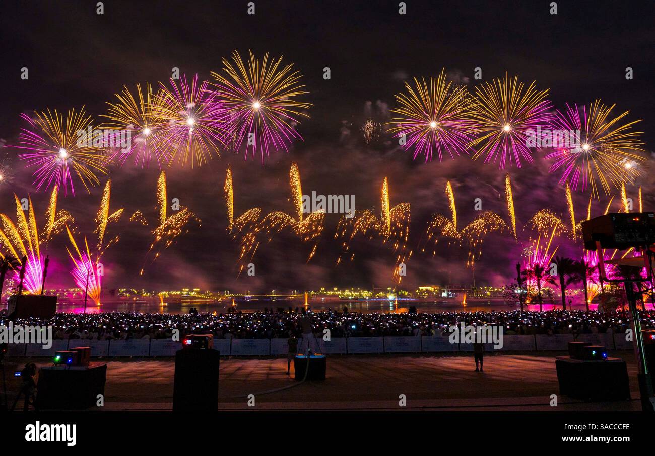 Lusail, Qatar. 3rd Apr, 2025. Fireworks light up the sky during the ...