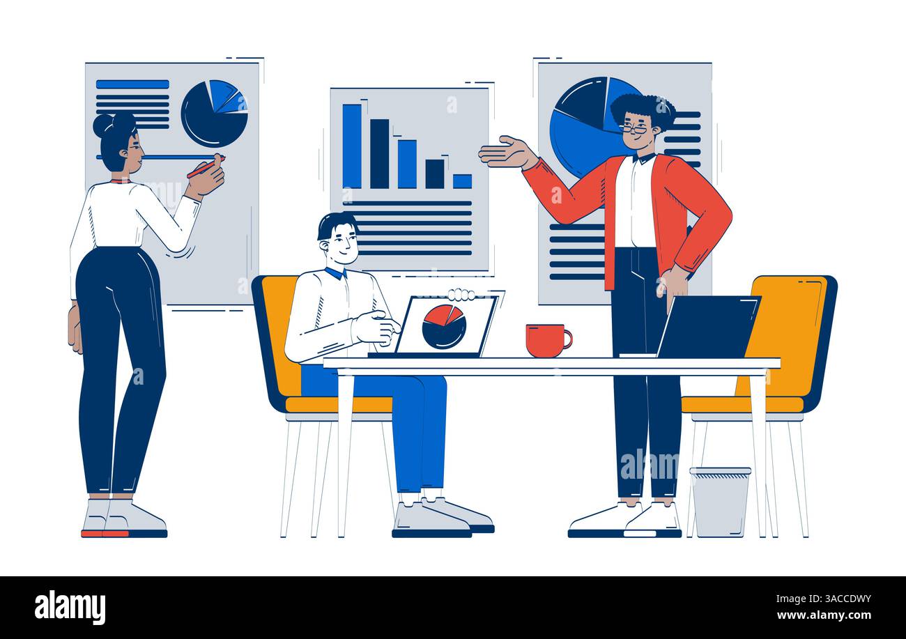 Diverse team analyzing business charts in office doodle cartoon ...
