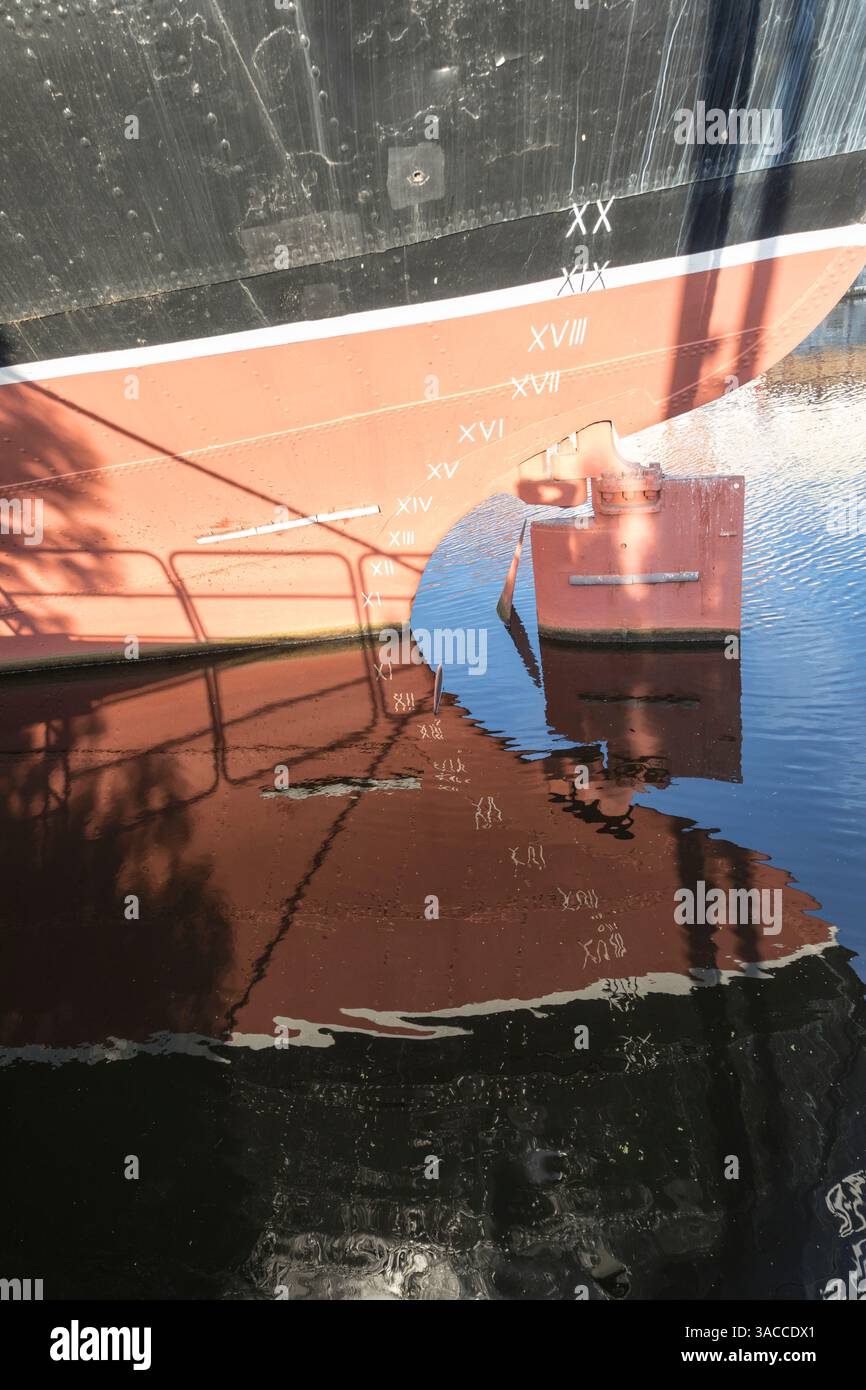 Gdansk, Poland, ship hull and reflection in the Motlawa river Stock ...
