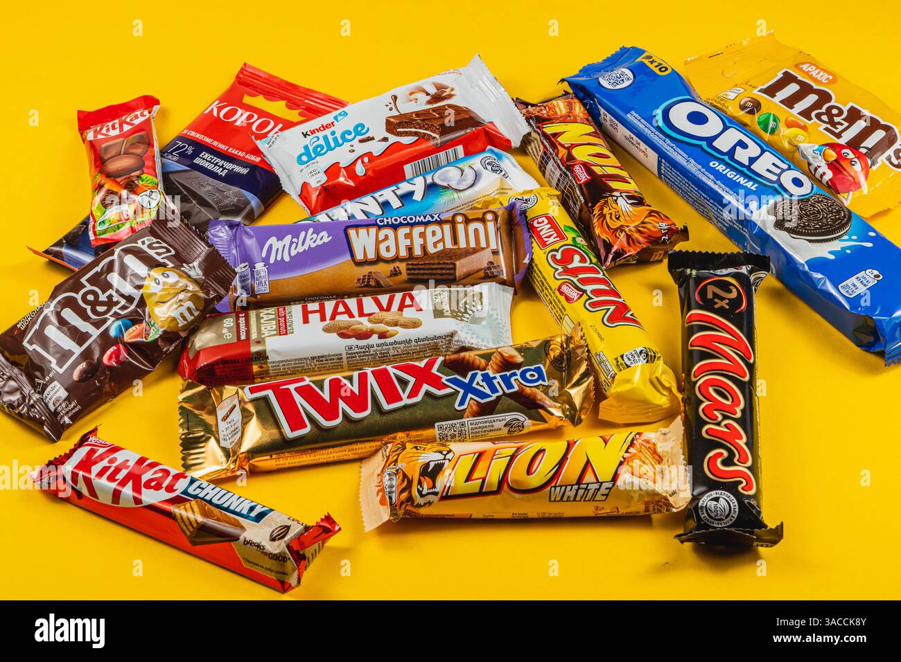 Lviv Ukraine 04.02.25 A vibrant display of various chocolate bars and ...
