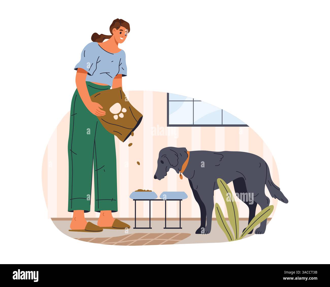 Vector illustration of woman feeding dog. Sign with pet eating food for ...