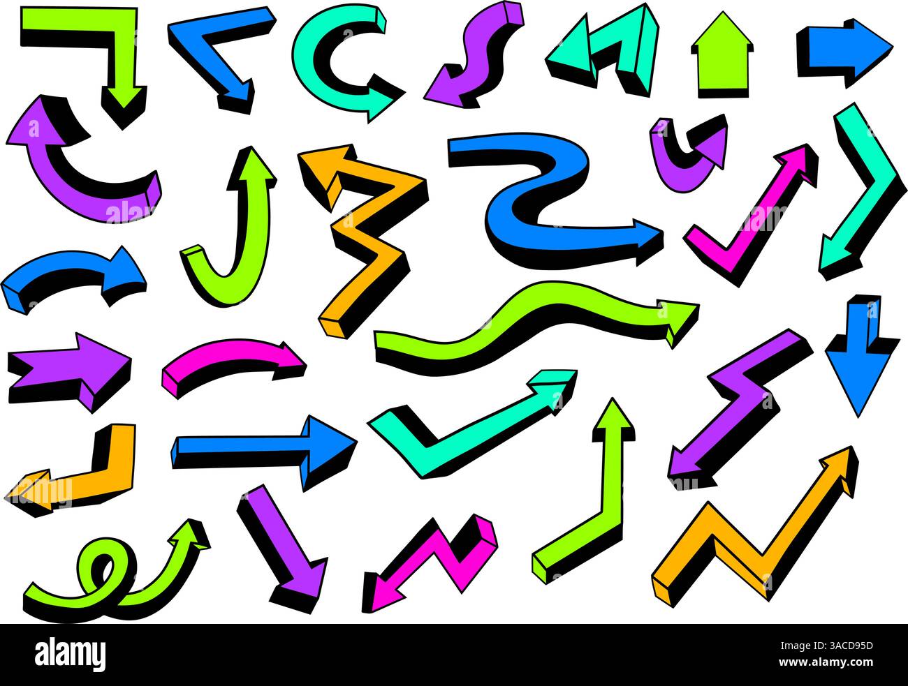 Simple Color Directional Arrows Doodles. Bright voluminous Lines Sign ...