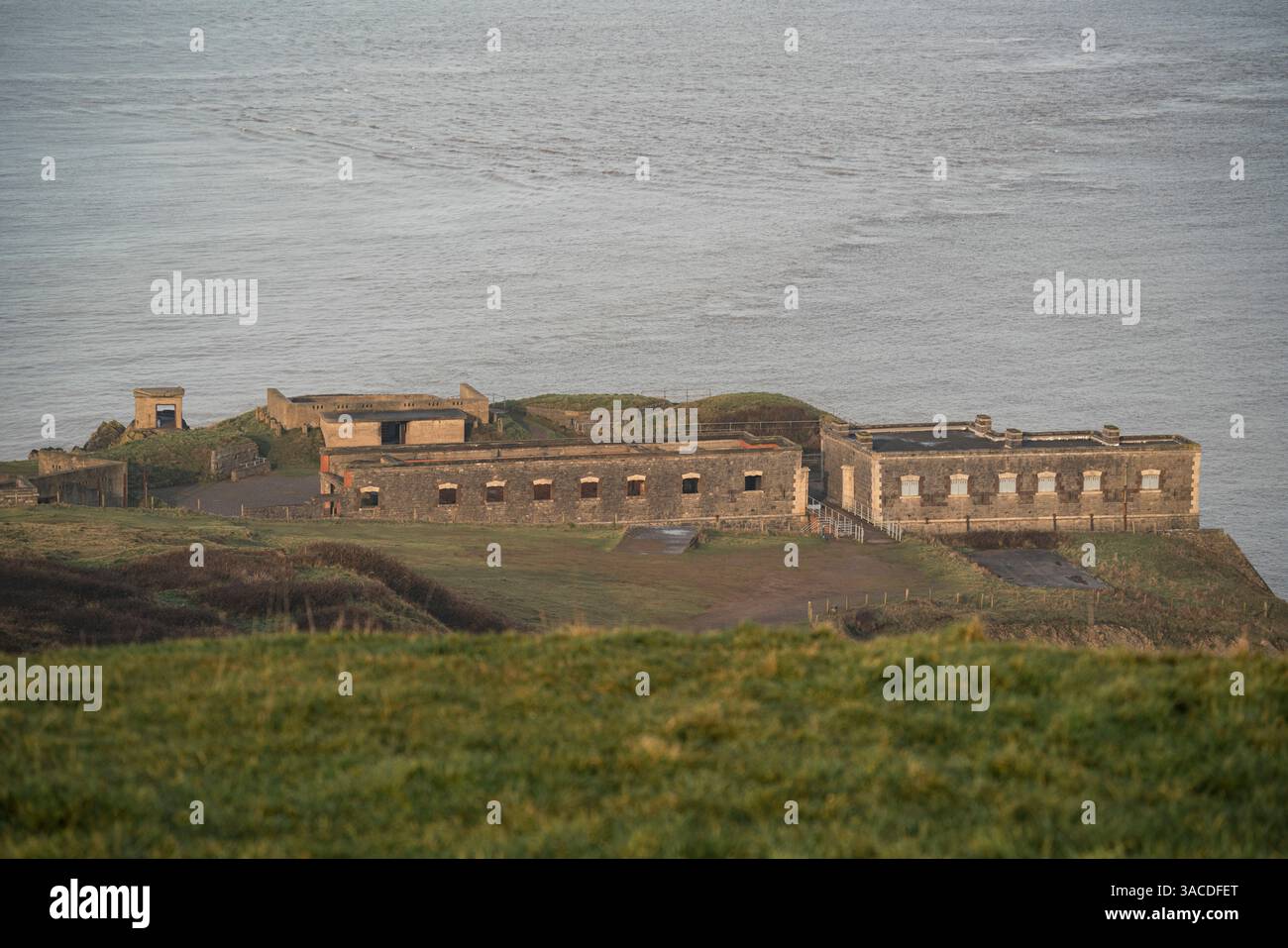 General view of Brean Down Fort on a sunny day. The Victorian naval ...
