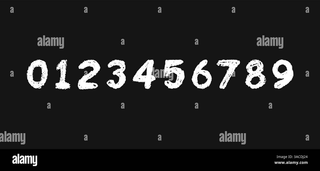 White numbers 0-9, hand-drawn in a wax crayon or pastel style ...
