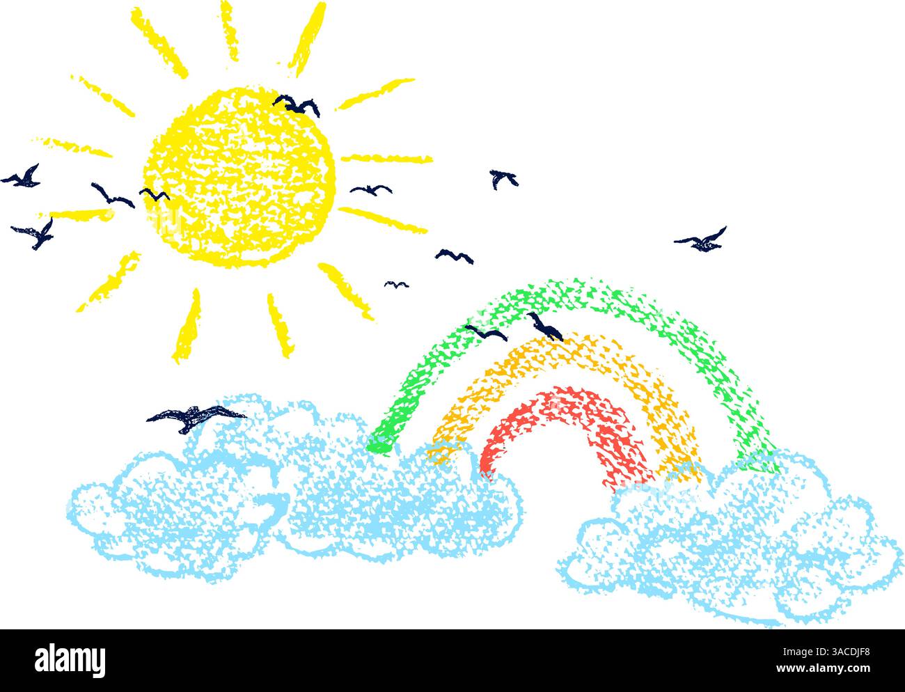 Crayon clouds with rainbow. Sky with sun and silhouette of a flock of ...