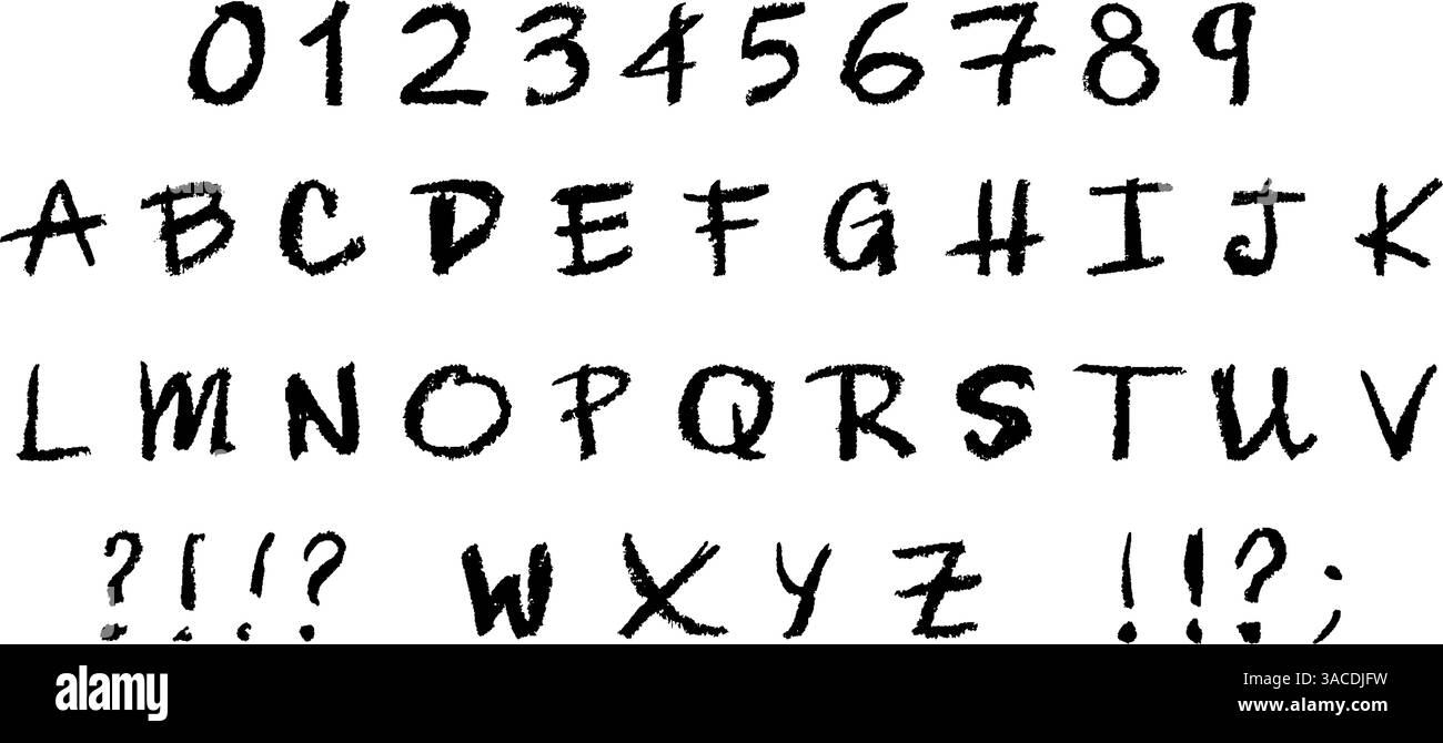 English alphabet and numbers 0-9, hand-drawn in a black wax crayon or ...