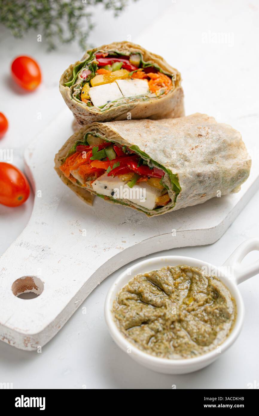 Healthy Vegetable Wrap Sandwich – Side View on White Wooden Board with ...