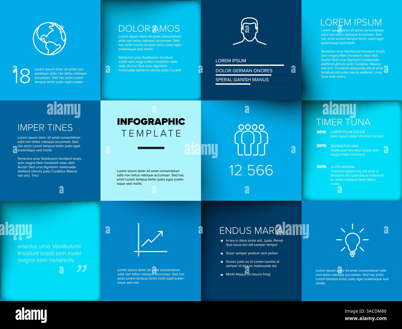 A modern infographic template featuring a blue grid layout with text ...
