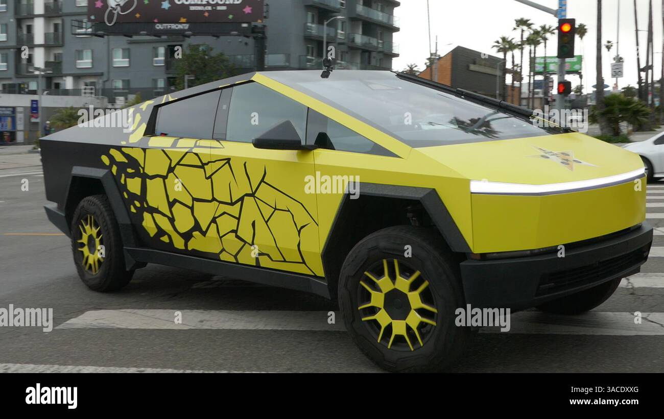 Los Angeles, California, USA 3rd April 2025 Yellow and Black Tesla ...