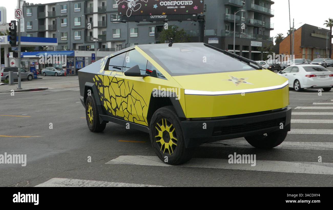 Los Angeles, California, USA 3rd April 2025 Yellow and Black Tesla ...