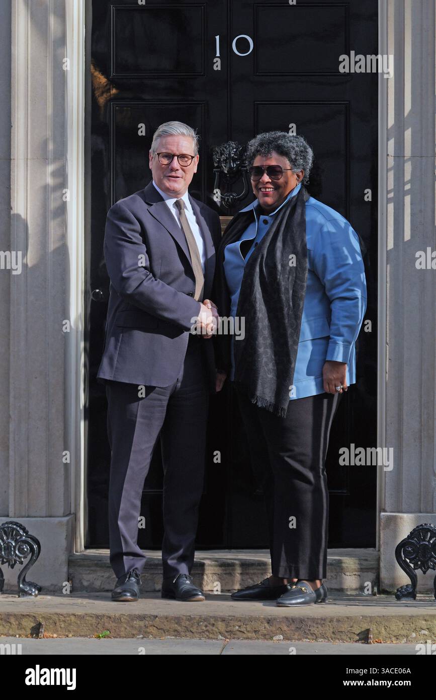 Prime Minister Sir Keir Starmer welcomes the Prime Minister of Barbados Mia Mottley to Downing ...