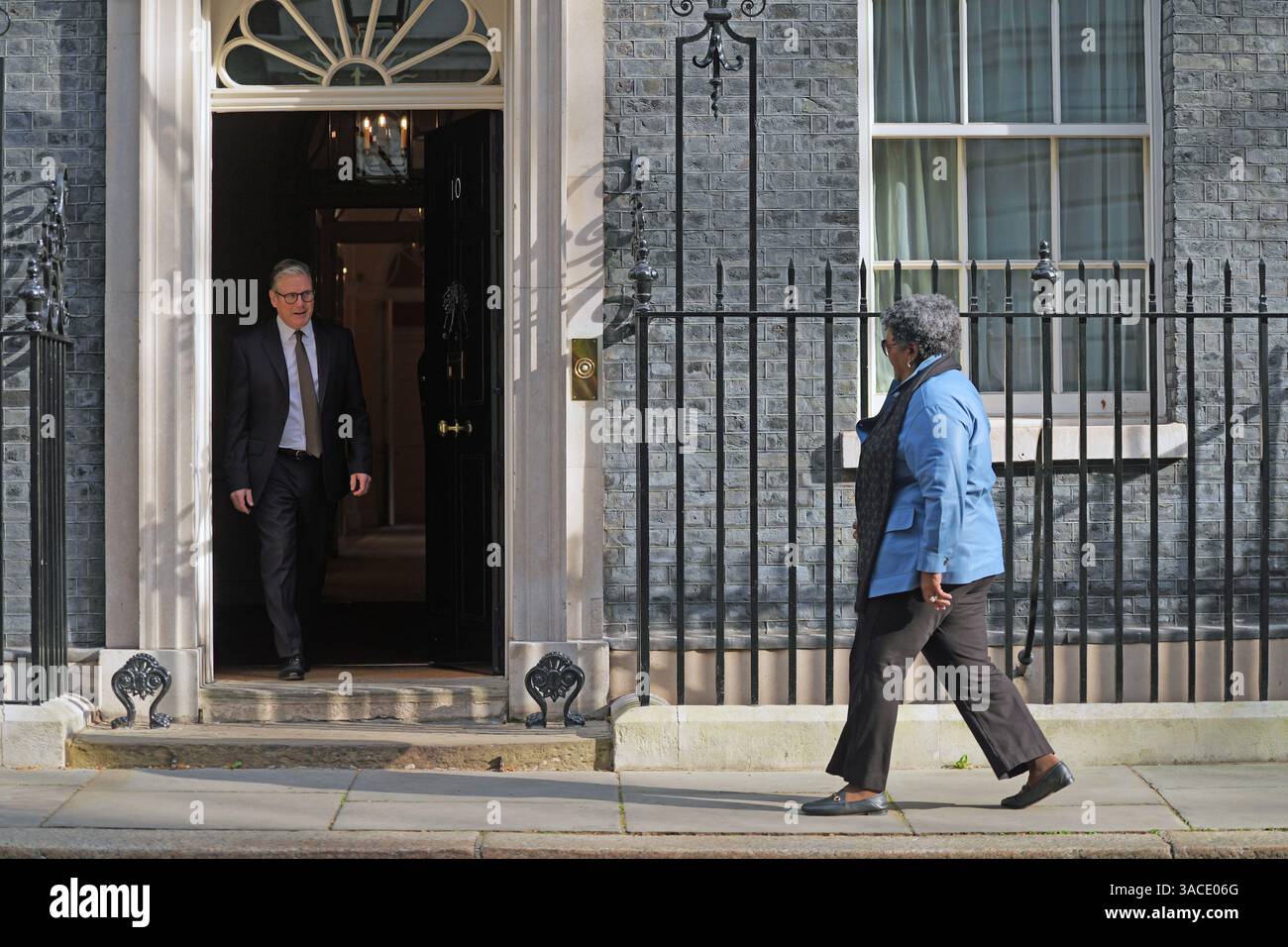Prime Minister Sir Keir Starmer welcomes the Prime Minister of Barbados Mia Mottley to Downing ...