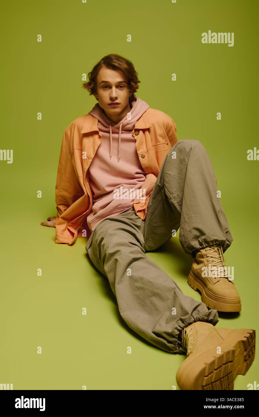 Youthful male model displays unique fashion choices in striking colors ...