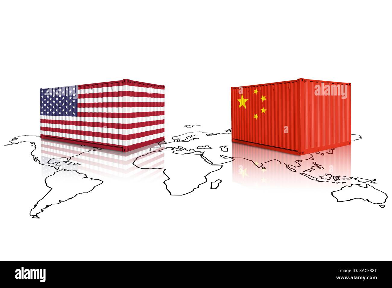Trade containers made from USA and China flags on a world map. China ...