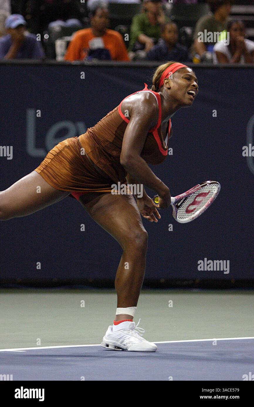 Carson,CA 08/10/06 - An intense Serena Williams exits her serve to ...