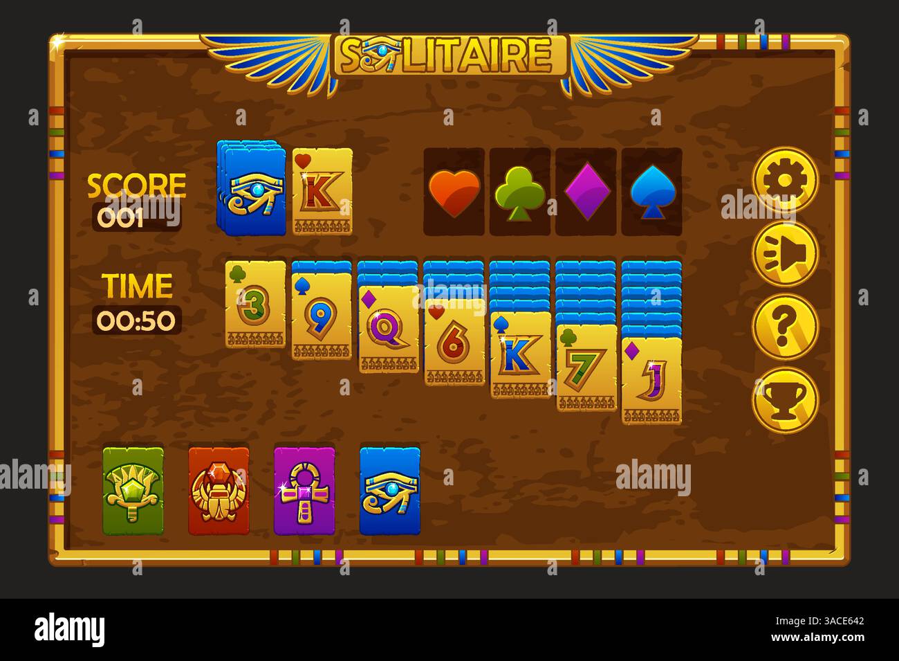 Solitaire game UI in Egyptian style. Background and buttons for game ...