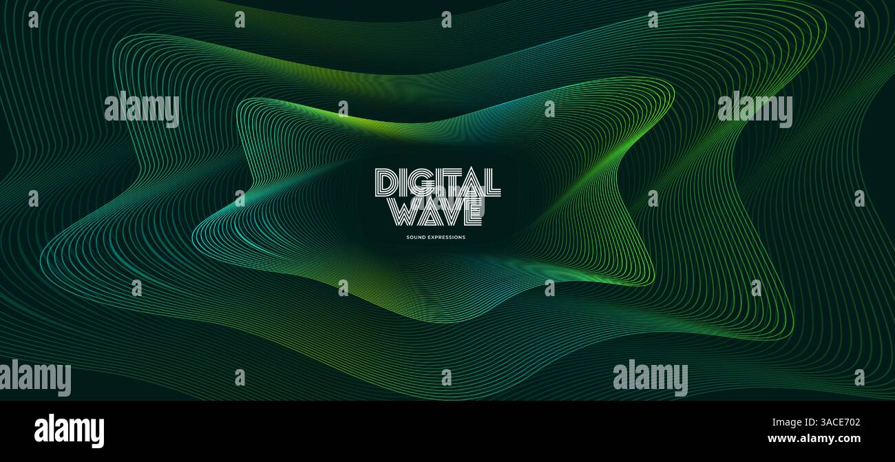 Abstract flowing waves made of glowing curved green lines on dark ...