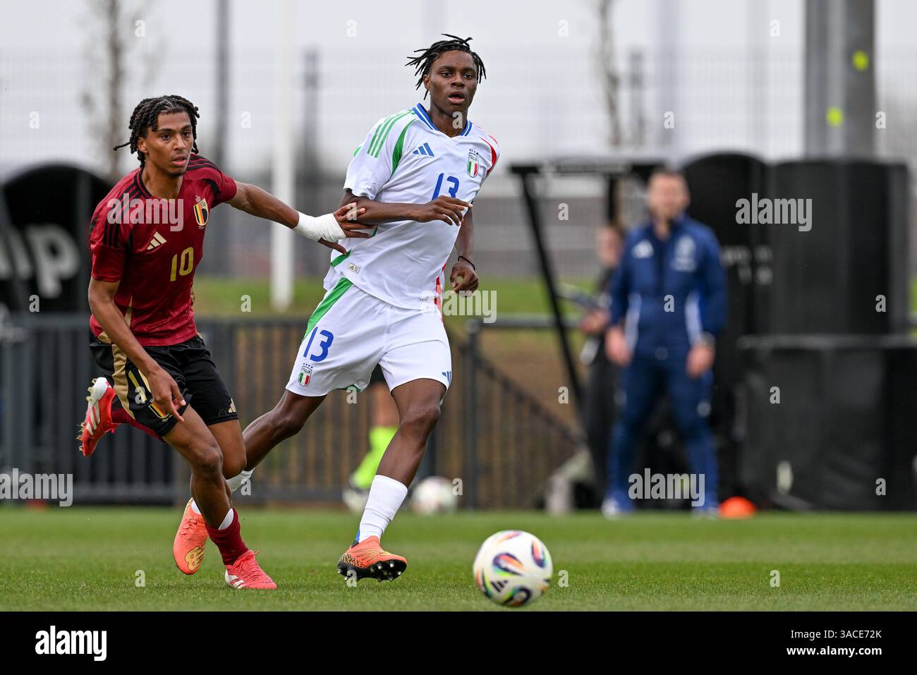 Tubize, Belgium. 21st Mar, 2025. Enzo Keutgen (10) of Belgium and ...