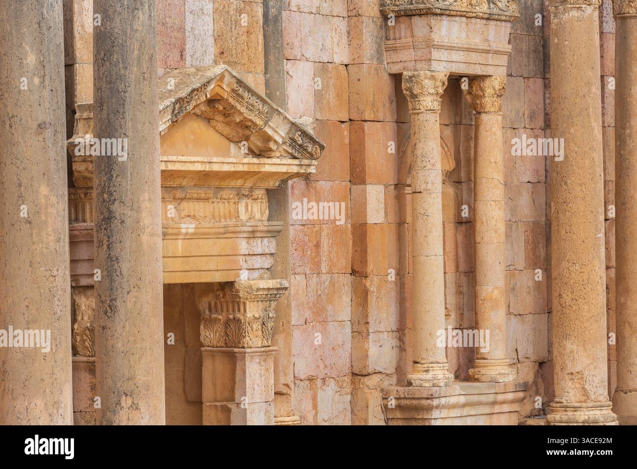 Jerash, Jordan close-up details of Roman amphitheater South Theatre in ...