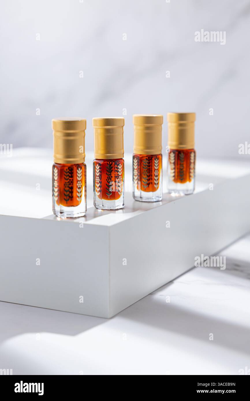 Traditional Oud Oil Bottles – Dhn Al Oud on White Marble with Hard ...