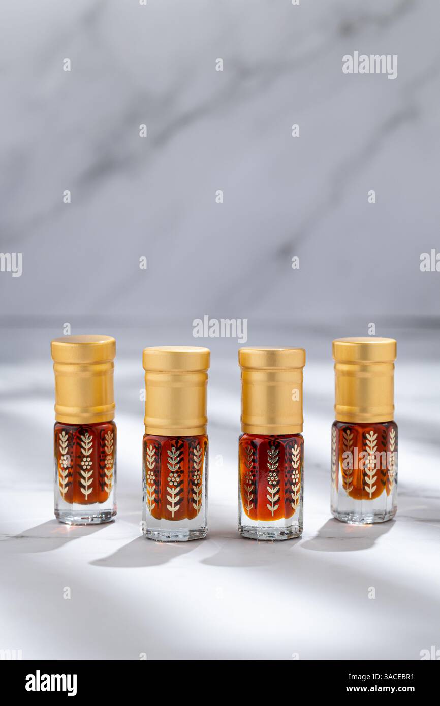 Traditional Oud Oil Bottles – Dhn Al Oud on White Marble with Hard ...